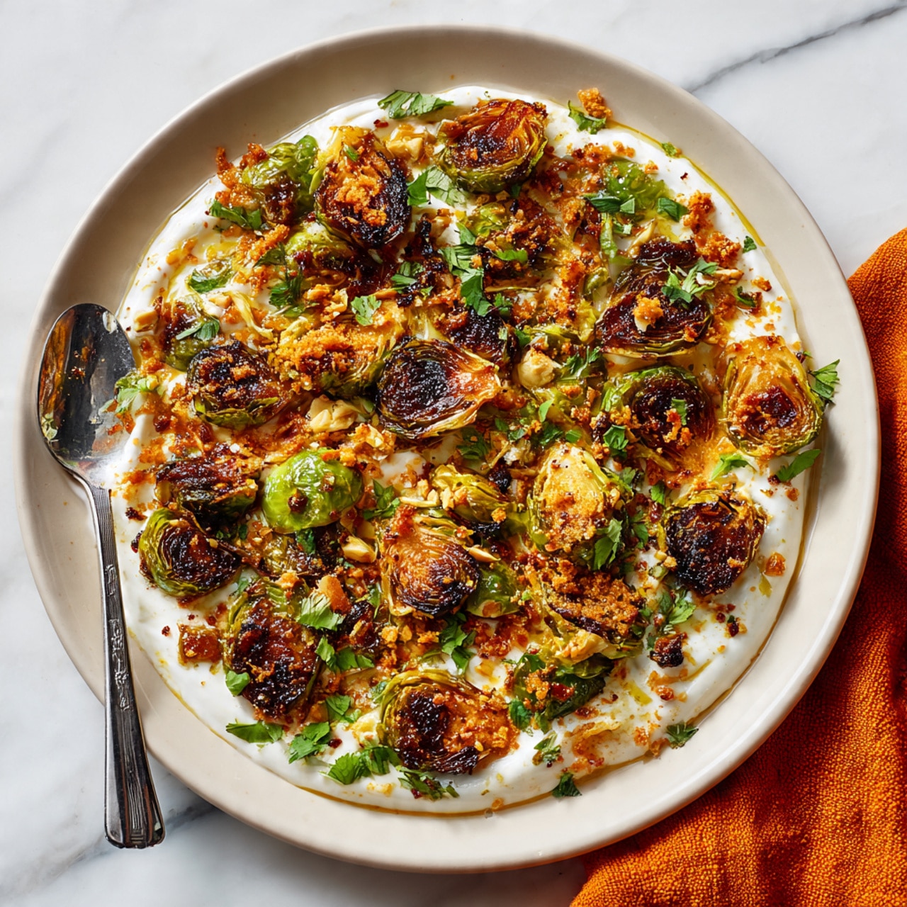 Spicy Parmesan Roasted Brussels Sprouts with Tahini Garlic Yogurt