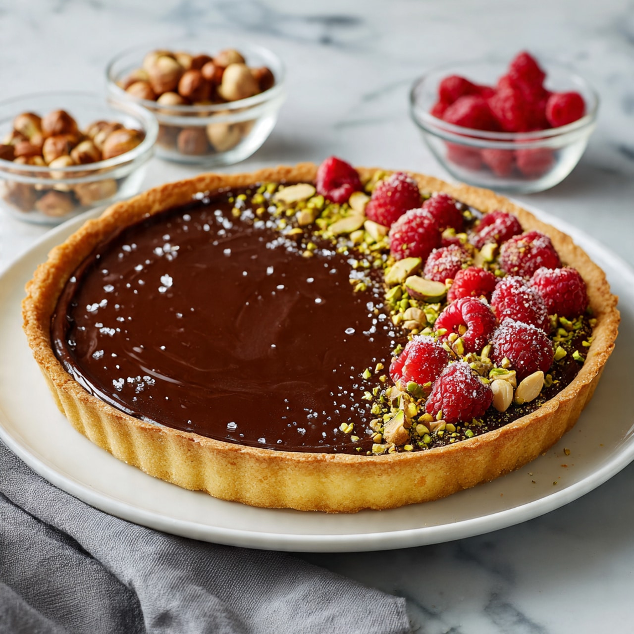 Chocolate Nutella Tart with Hazelnuts, Pistachios & Raspberries