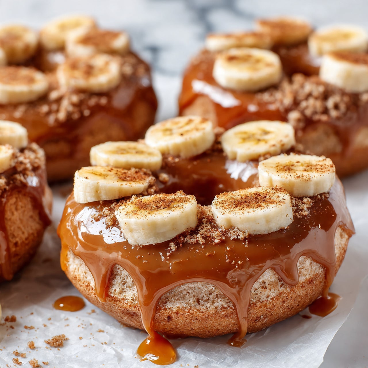 Banana Donuts with Caramelized Banana Topping & Vanilla Glaze