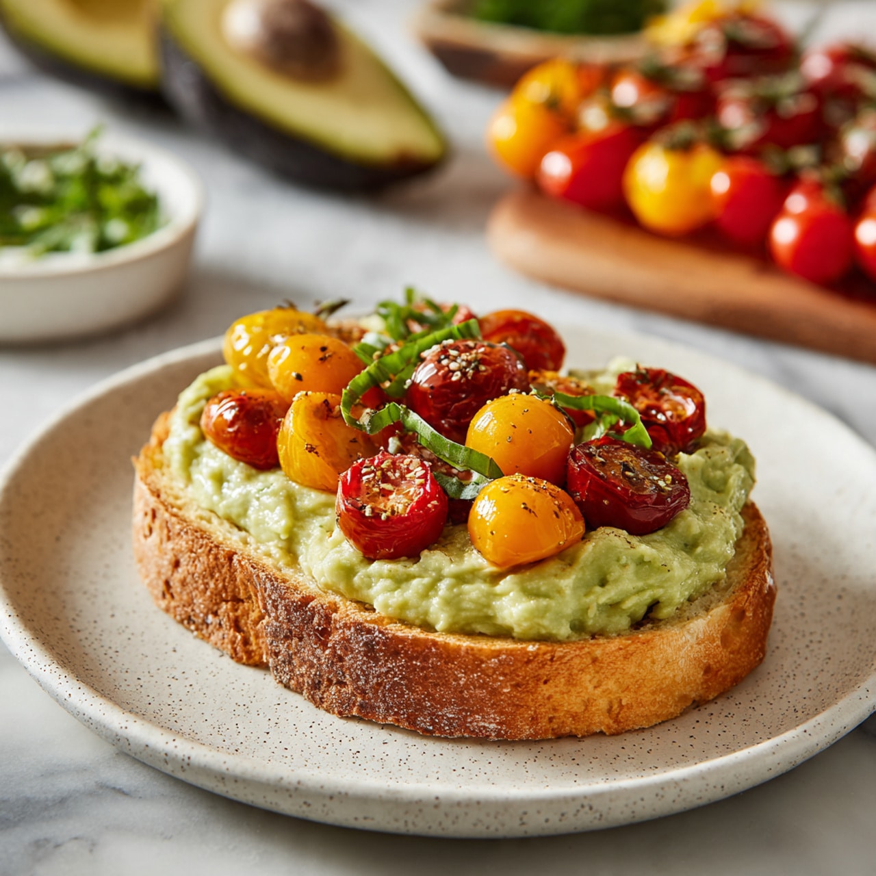 Avocado Toast with Roasted Cherry Tomatoes and Fresh Herbs