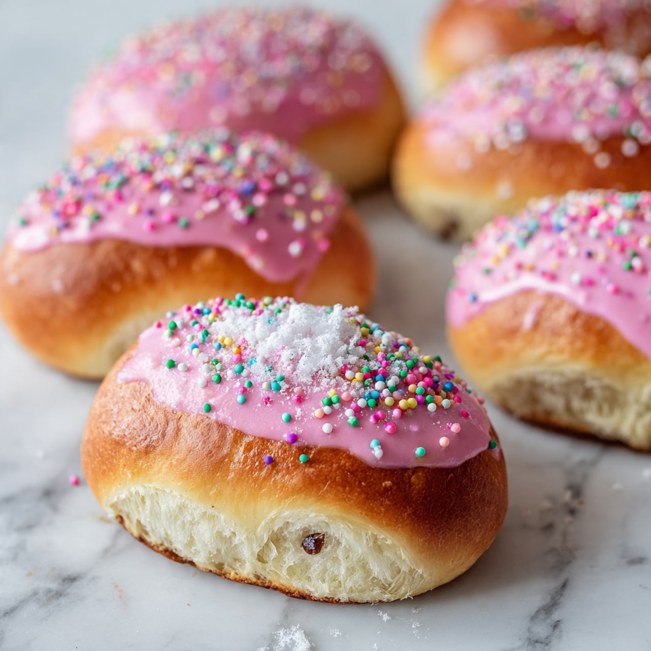Pink Iced Finger Buns with Sultanas and Sprinkles | Delicious & Easy
